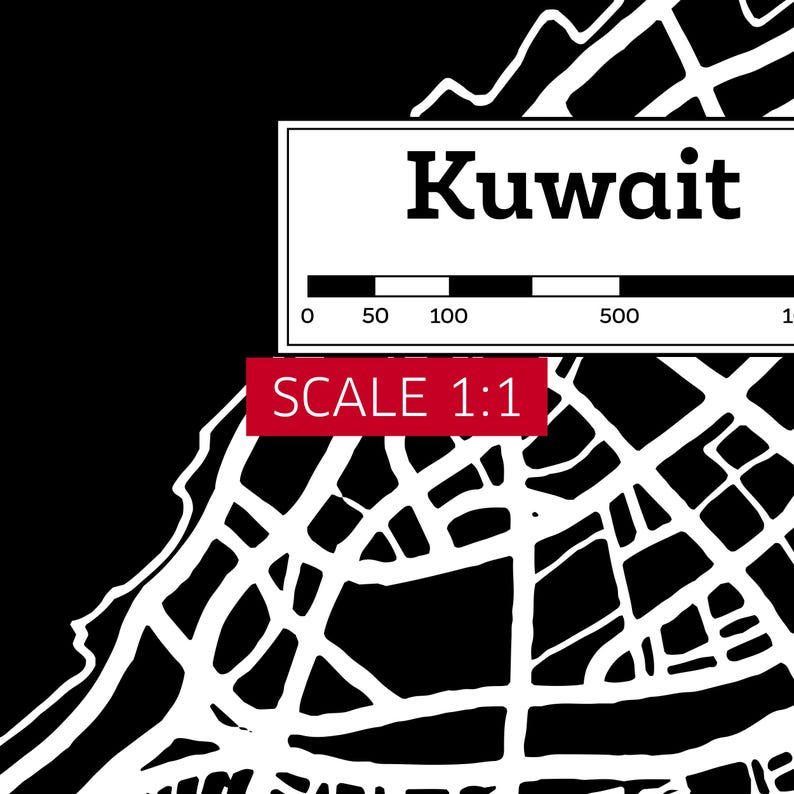 Kuwait City Map, Hand Drawn Poster — Black/white Modern Urban Print ...