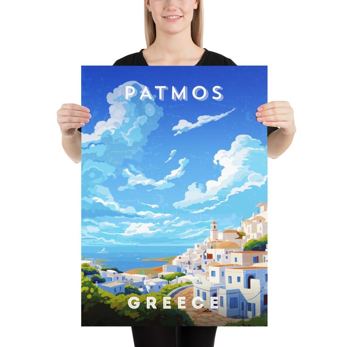 Greece, Patmos — Retro Travel Minimalist Poster, Retro Travel Art ...