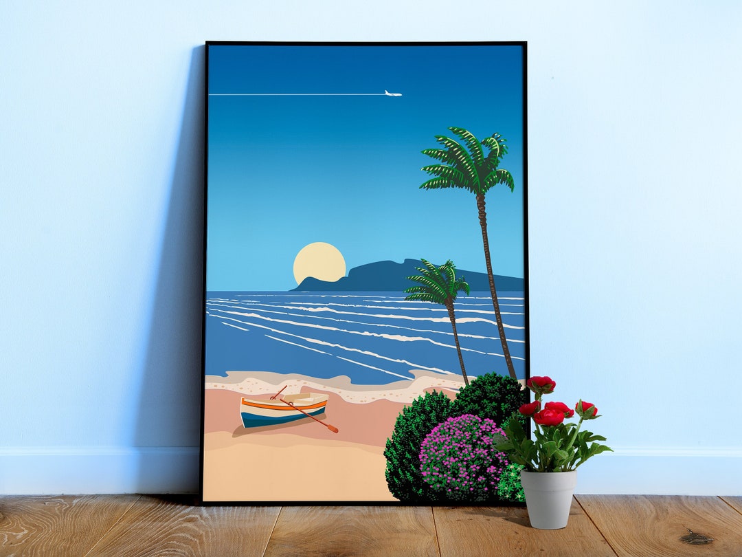 Cyprus. Beach With Boat, Sunrise — City Pop Art, Retrowave/vaporwave ...
