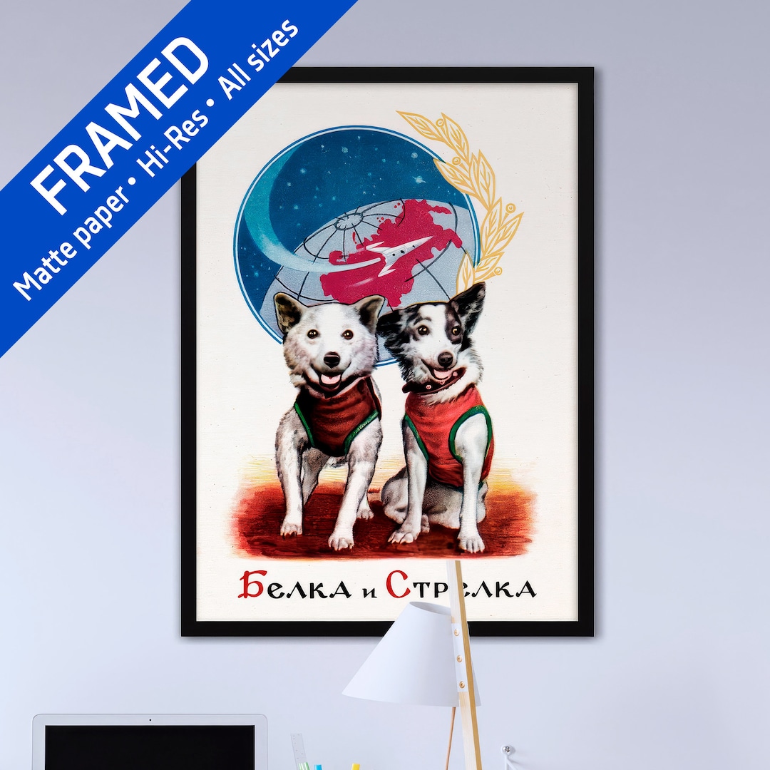 Belka and Strelka, Space Dogs, USSR, 1961 Framed Matte Paper Poster. Soviet Vintage Space Poster ...