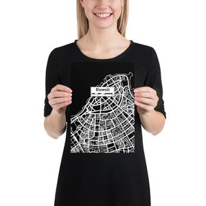 Kuwait City Map, Hand Drawn Poster — Black/white Modern Urban Print ...