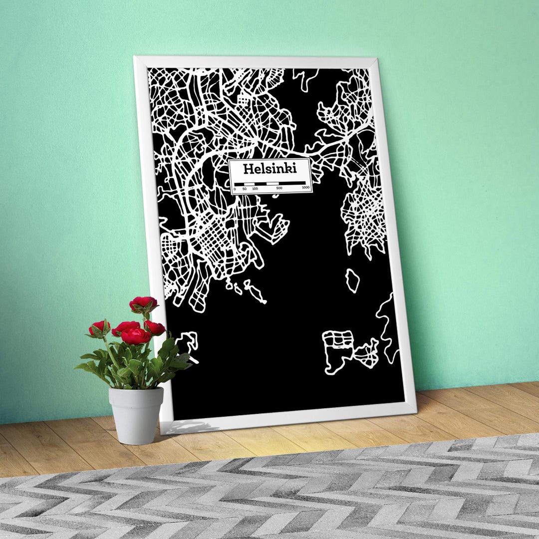 Helsinki, Hand Drawn City Map Poster — Black White Modern Urban Art ...