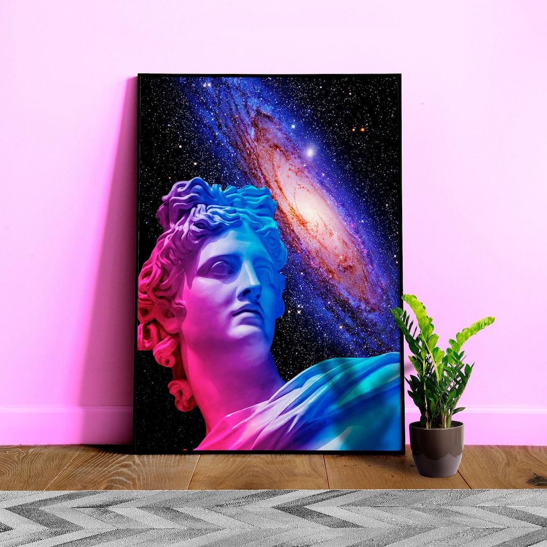 Vaporwave Apollo Bust Poster — Neon Greek Statue & Andromeda Galaxy ...