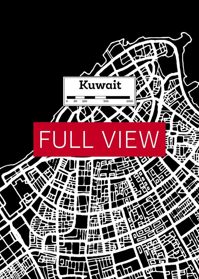 Kuwait City Map, Hand Drawn Poster — Black/white Modern Urban Print ...