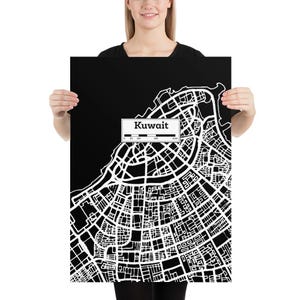 Kuwait City Map, Hand Drawn Poster — Black/white Modern Urban Print ...