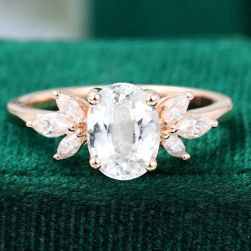 Oval Cut White Sapphire Engagement Ring Vintage Unique | Etsy