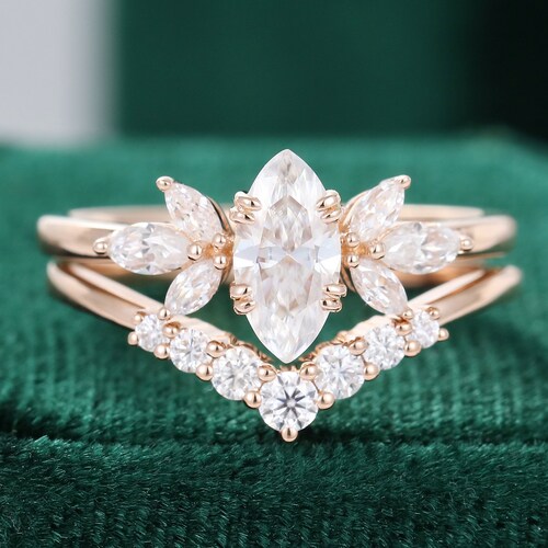 Marquise Cut Moissanite Engagement Ring Set Vintage Bridal Set - Etsy