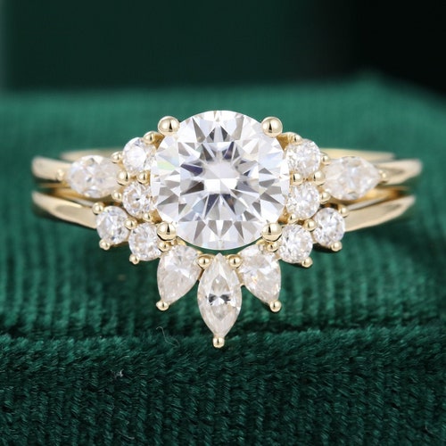 Pear Shaped Cut Moissanite Engagement Ring Set Vintage Unique - Etsy