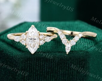 Marquise Cut Moissanite Engagement Ring Set Vintage Rose Gold | Etsy