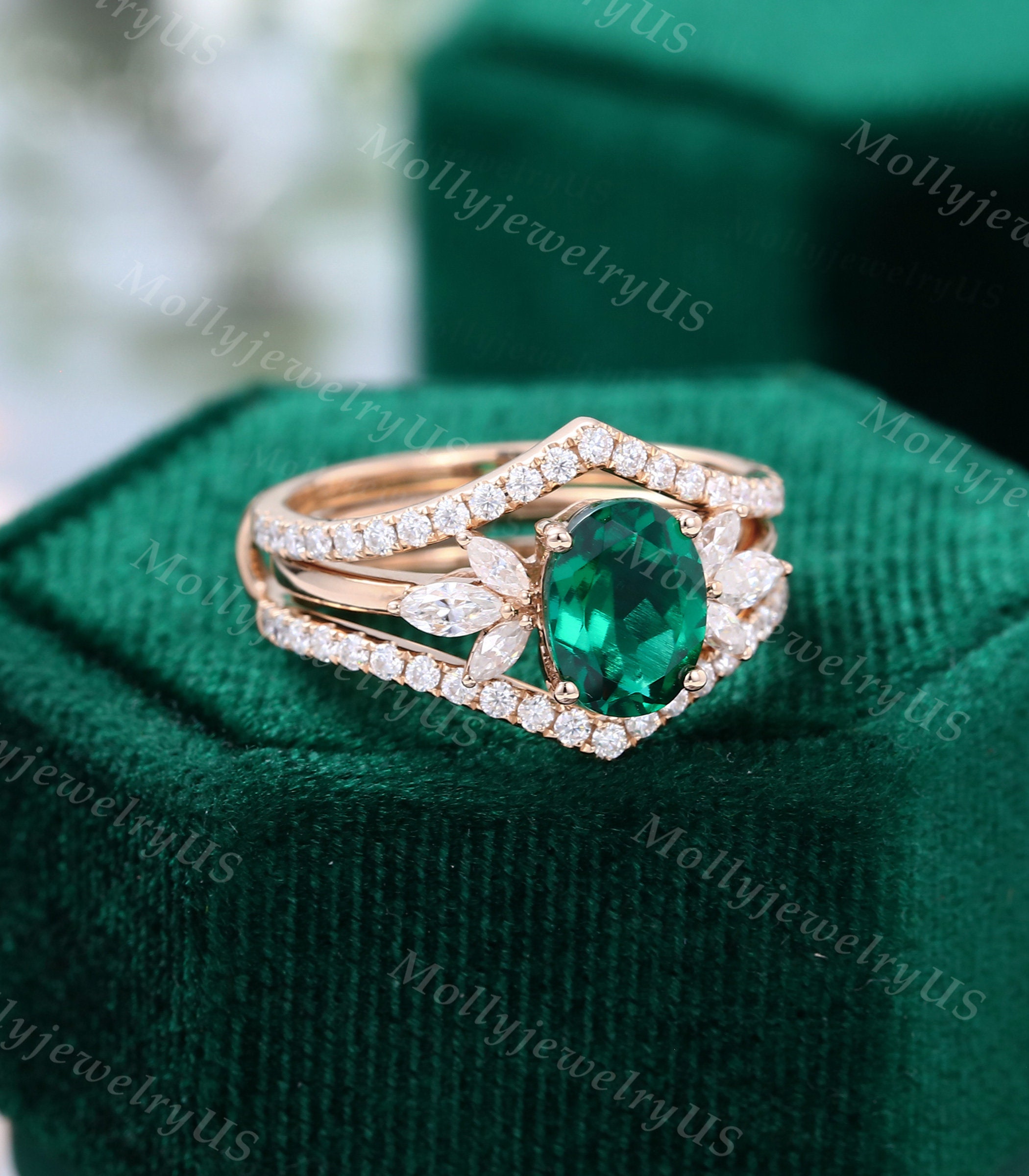 Oval Emerald Engagement Ring Set Vintage Unique Marquise Cut | Etsy