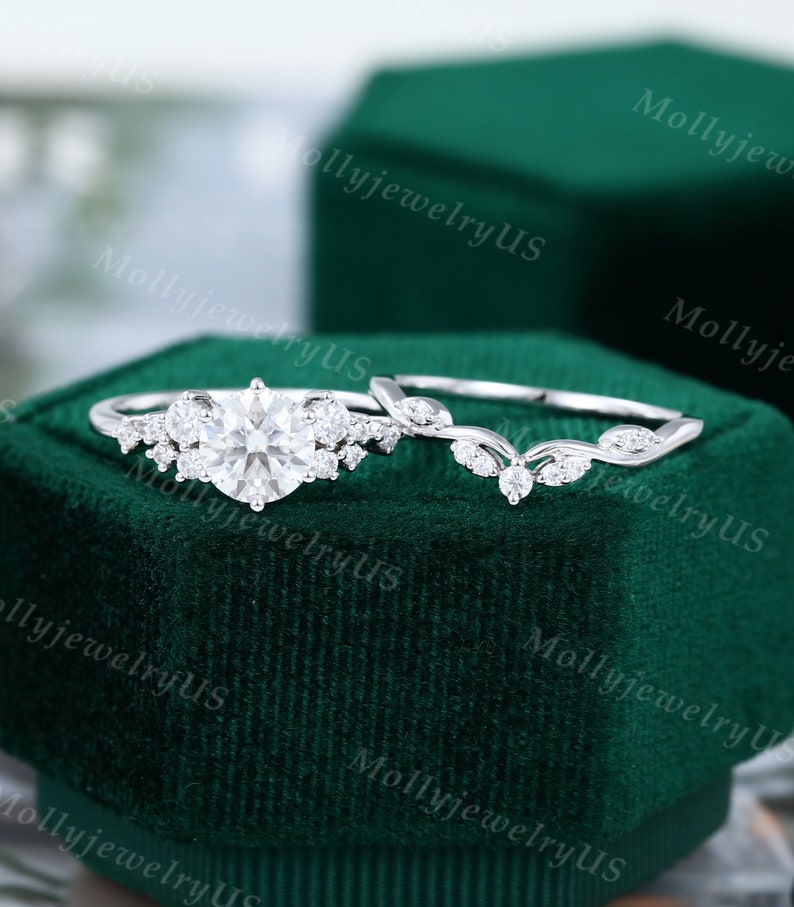 Unique Cluster Engagement Ring Set Vintage Solid 14K White - Etsy