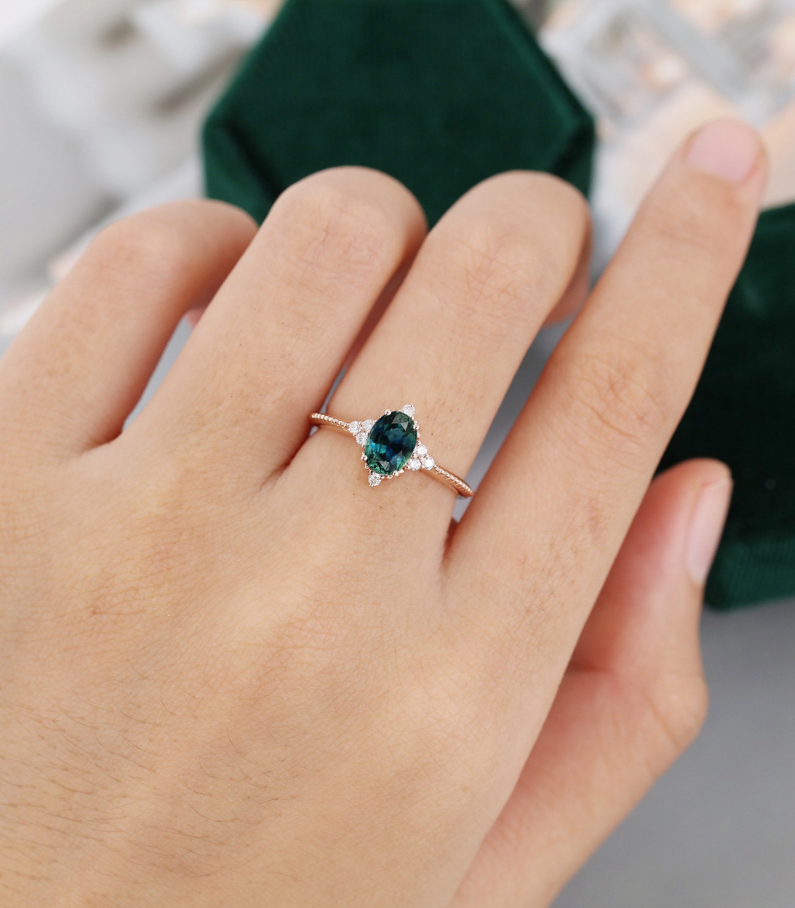Oval Cut Teal Green Blue Sapphire Engagement Ring Rose Gold - Etsy