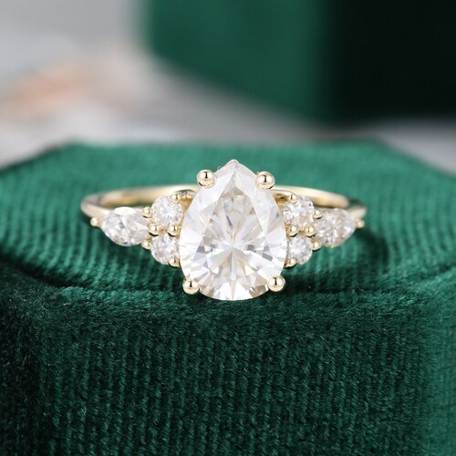 Cluster Moissanite Engagement Ring Set Vintage White Gold Pear - Etsy