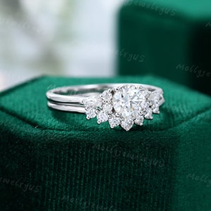 White Gold Engagement Ring Set Unique Cluster Moissanite Engagement ...