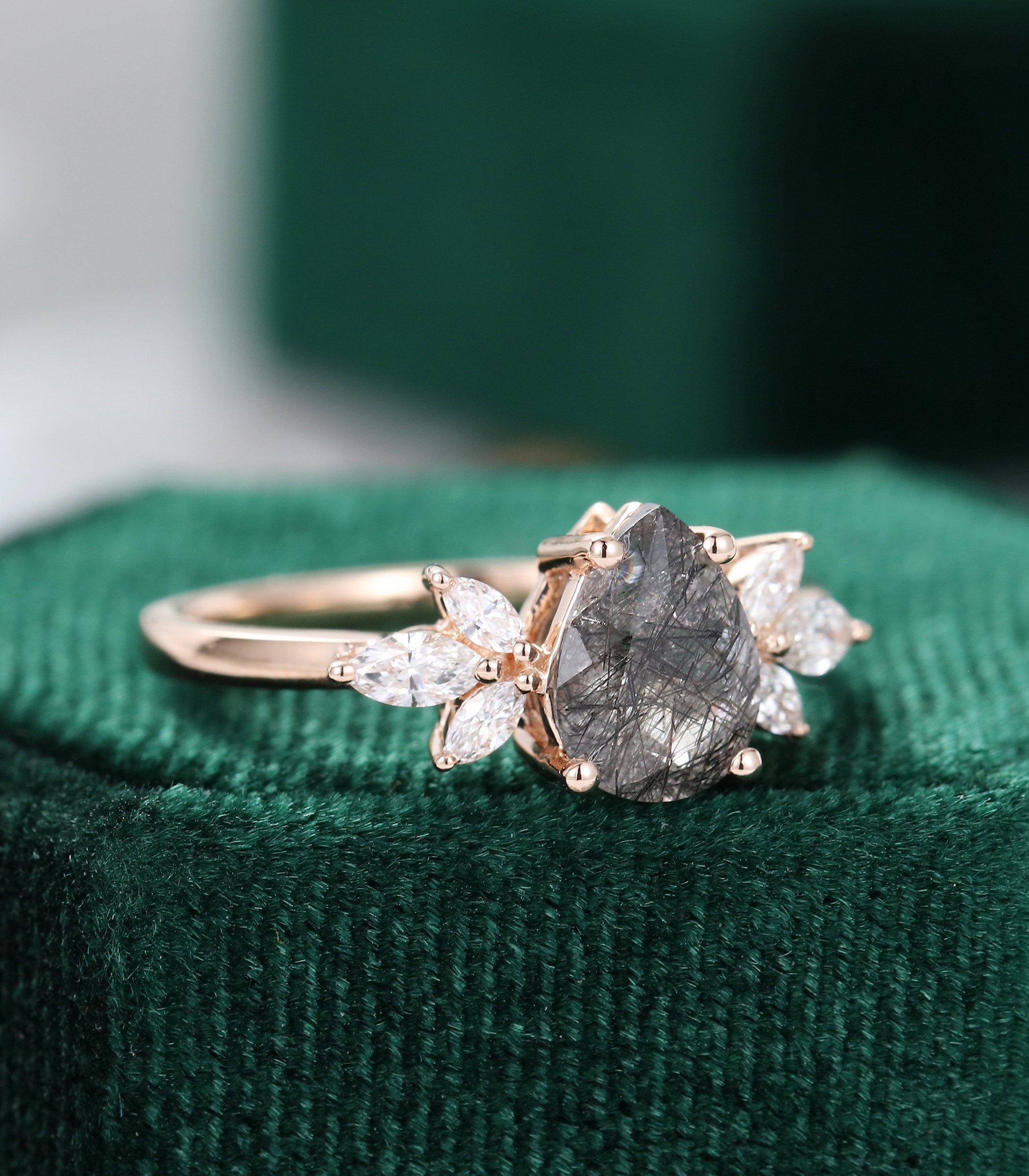 Black Rutilated Quartz engagement ring vintage Pear shaped | Etsy