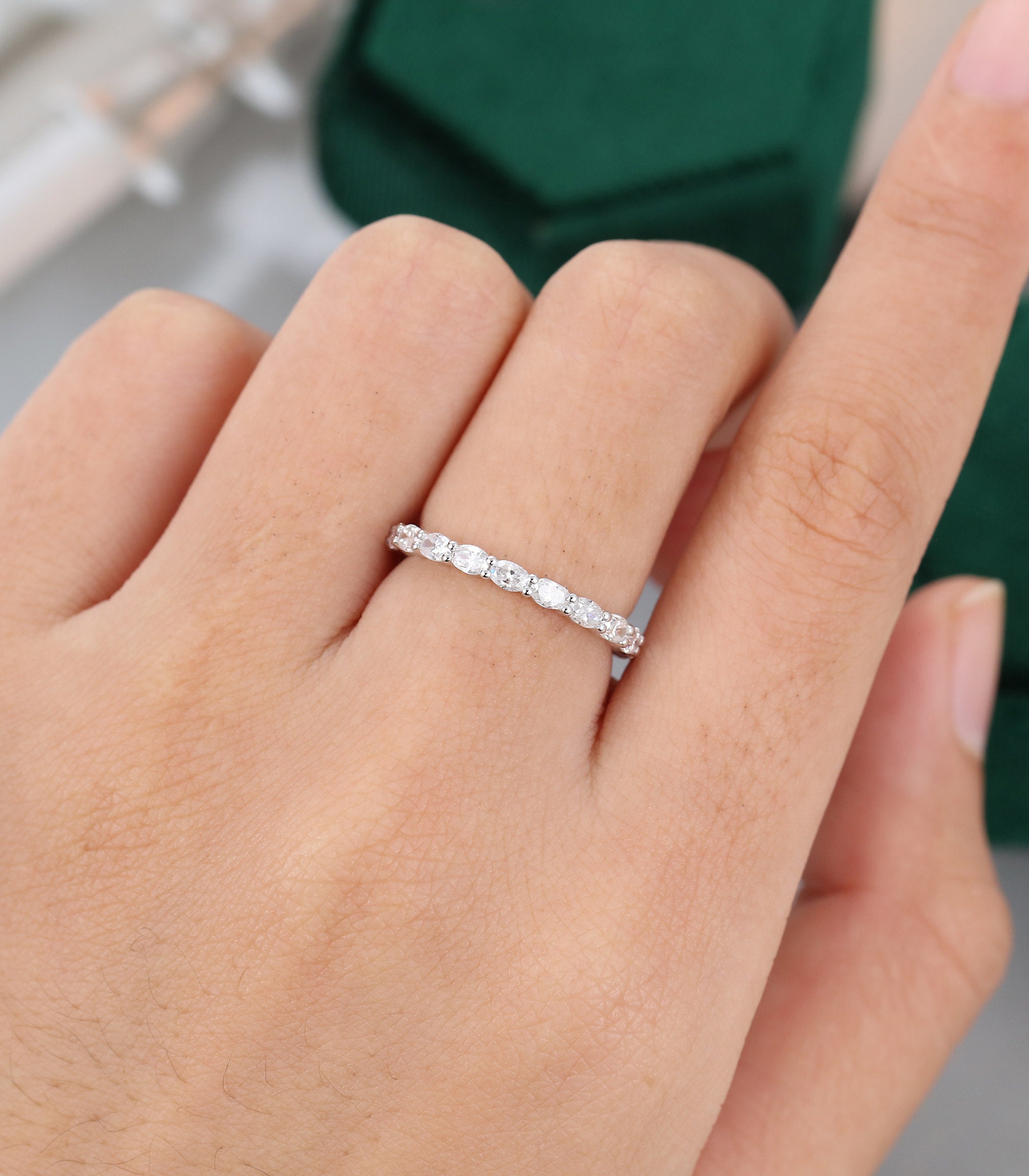 Moissanite wedding band women Unique Oval cut white gold | Etsy