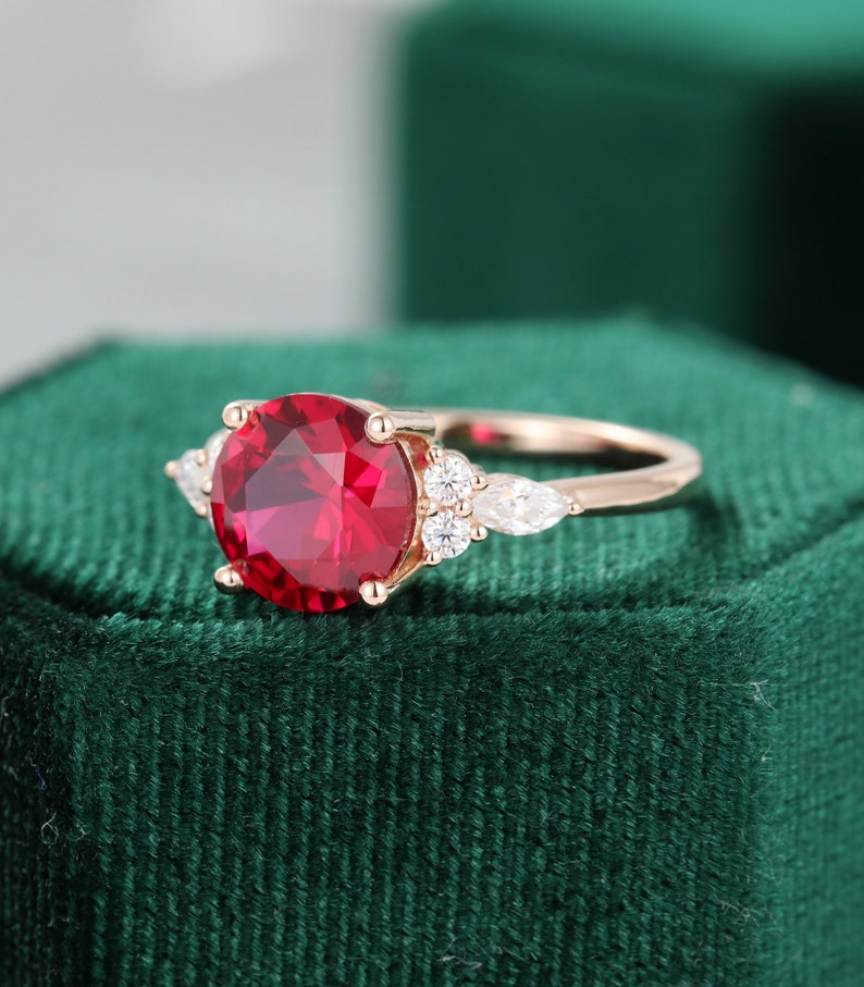 Lab Ruby Engagement Ring Rose Gold Unique Cluster Engagement - Etsy