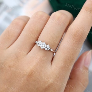 Unique Cluster Engagement Ring Vintage Solid 14K White Gold Moissanite ...