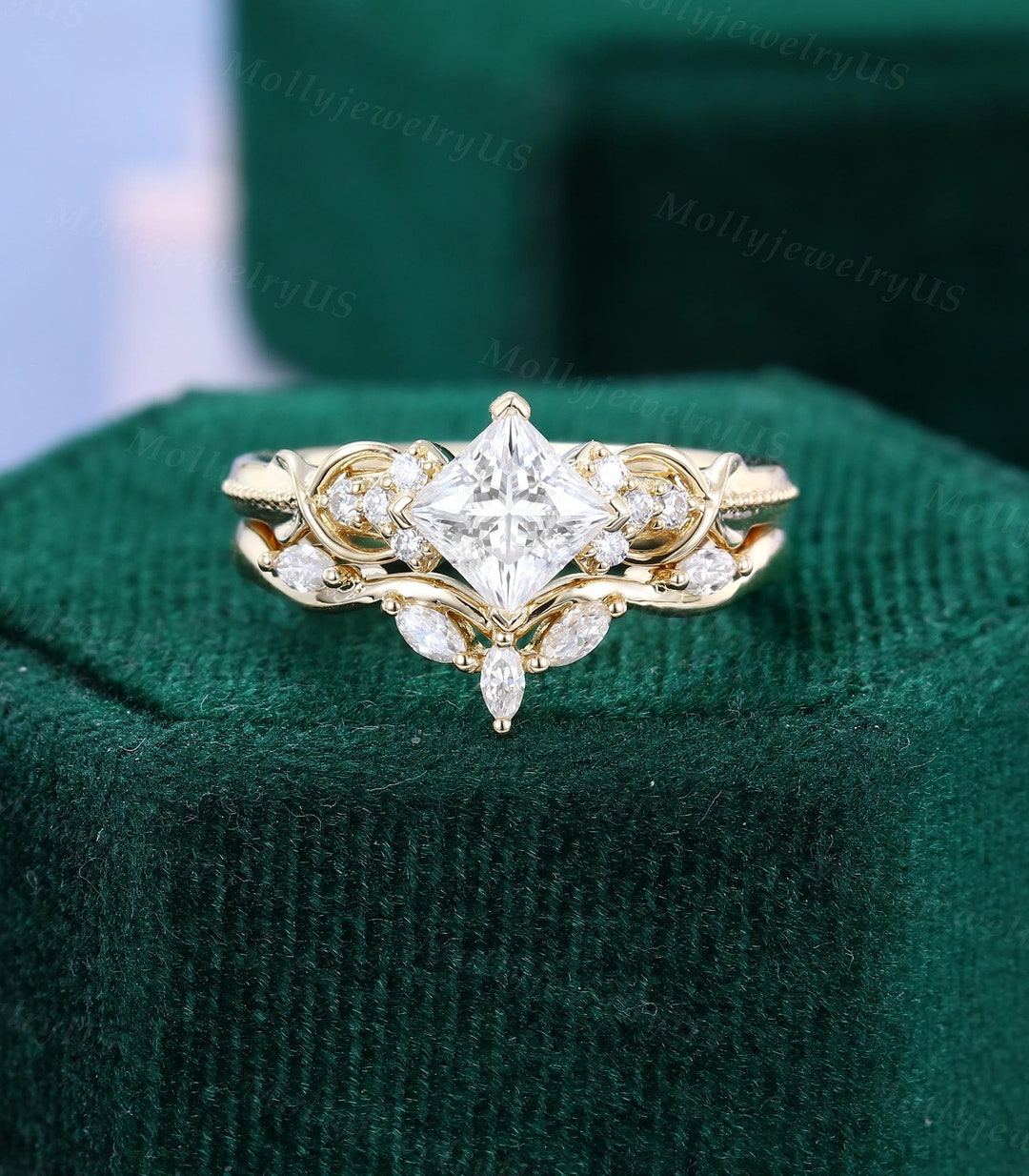 Unique Princess Cut Moissanite Engagement Ring Set Yellow Gold Marquise ...