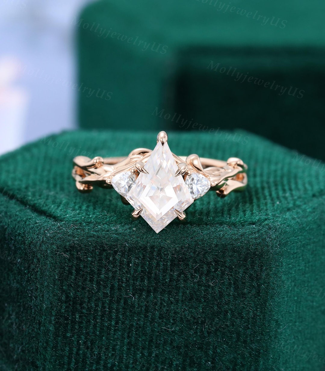 Kite Cut Moissanite Engagement Ring Rose Gold Triangle Bridal Ring ...