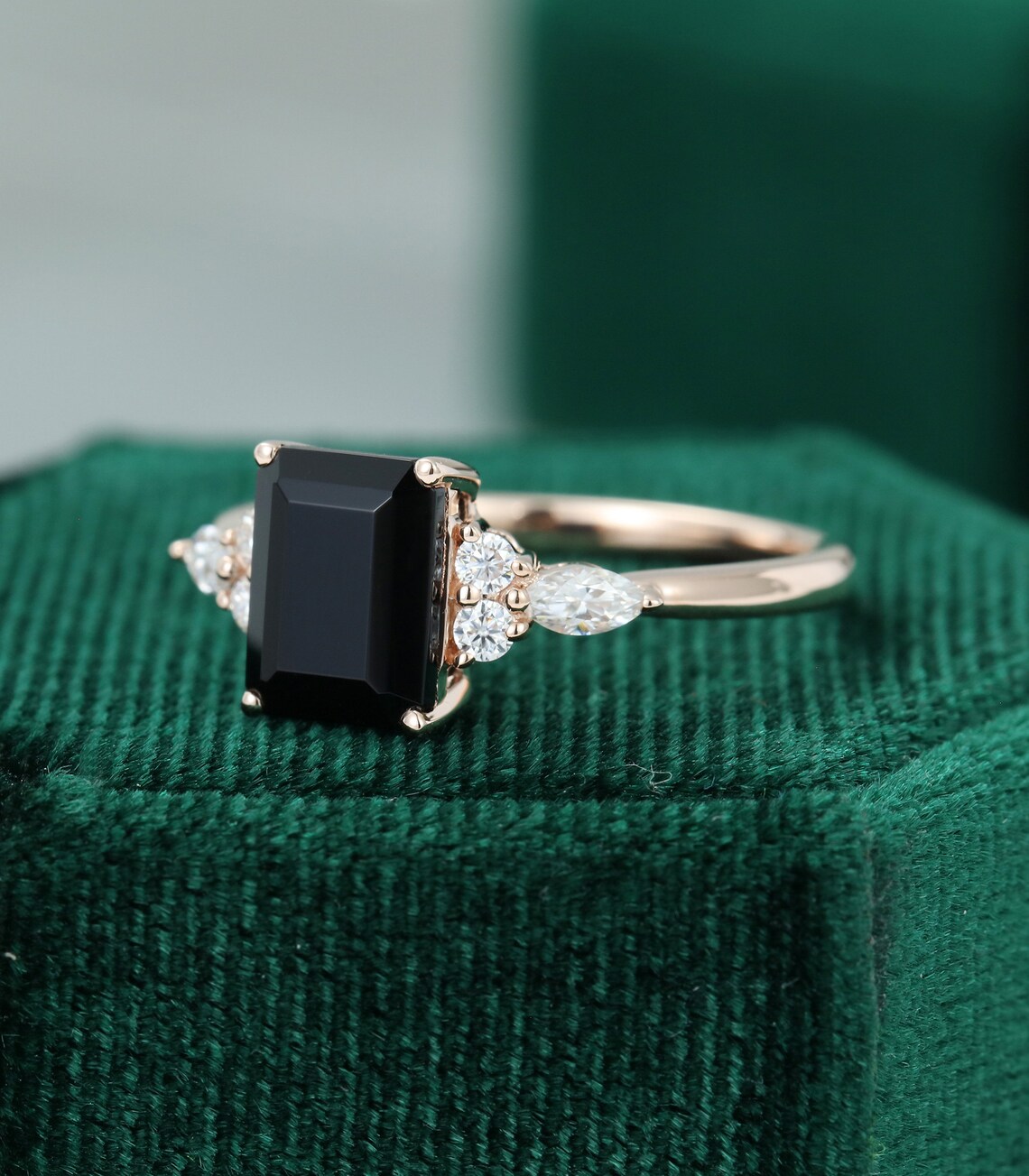 Emerald cut Black onyx engagement ring vintage Diamond Cluster | Etsy