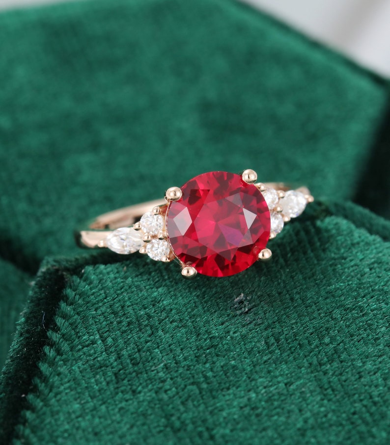 Lab Ruby Engagement Ring Rose Gold Unique Cluster Engagement - Etsy