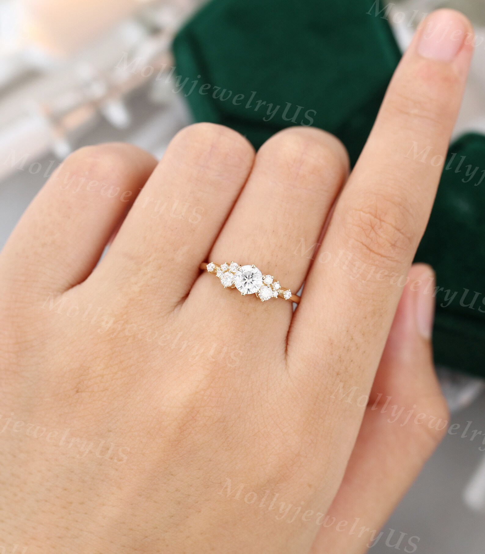 Unique Cluster Engagement Ring Vintage Solid 14K Yellow Gold | Etsy