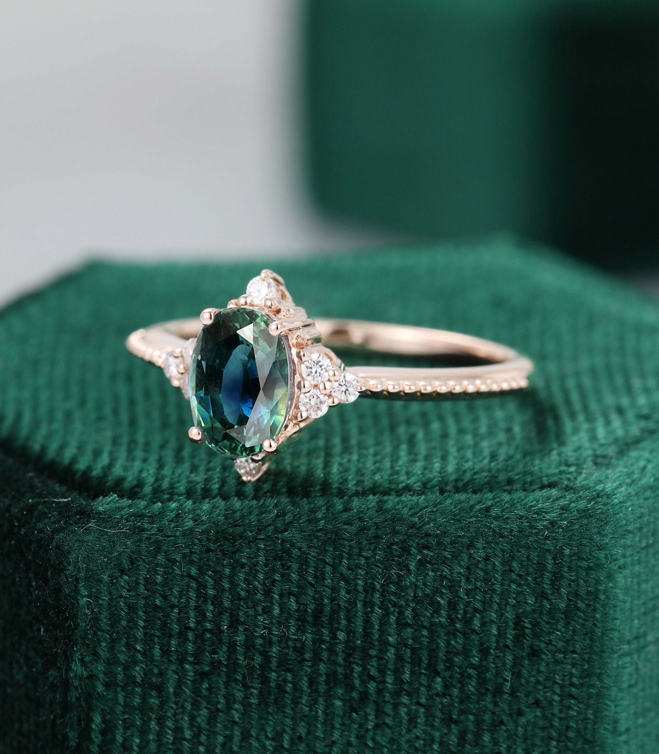Oval Cut Teal Green Blue Sapphire Engagement Ring Rose Gold | Etsy