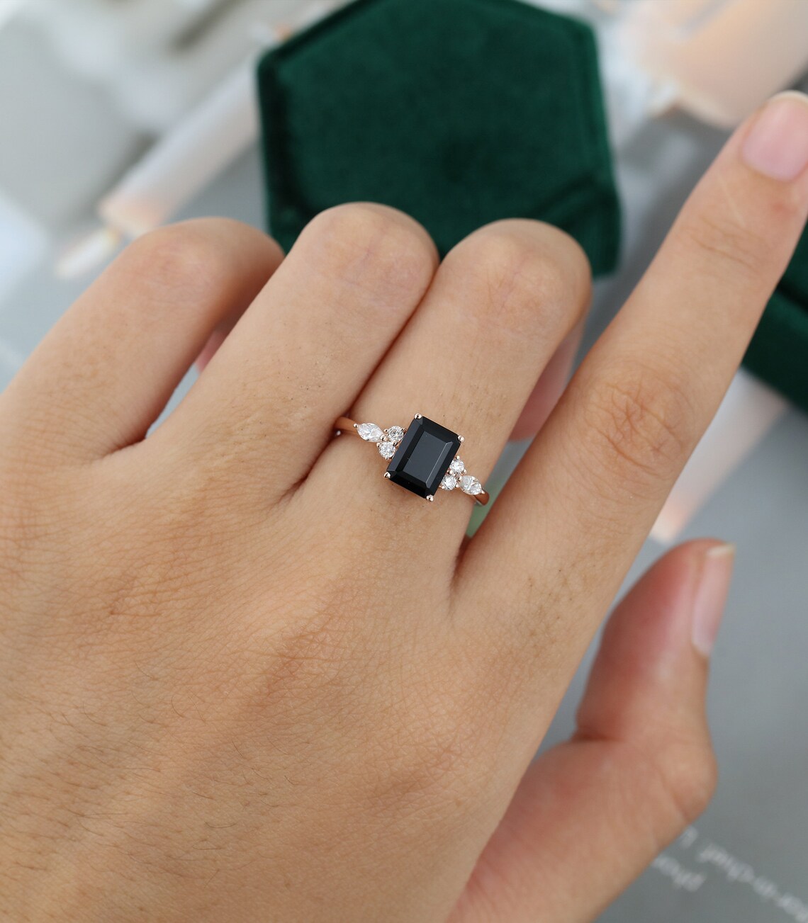 Emerald cut Black onyx engagement ring vintage Diamond Cluster | Etsy