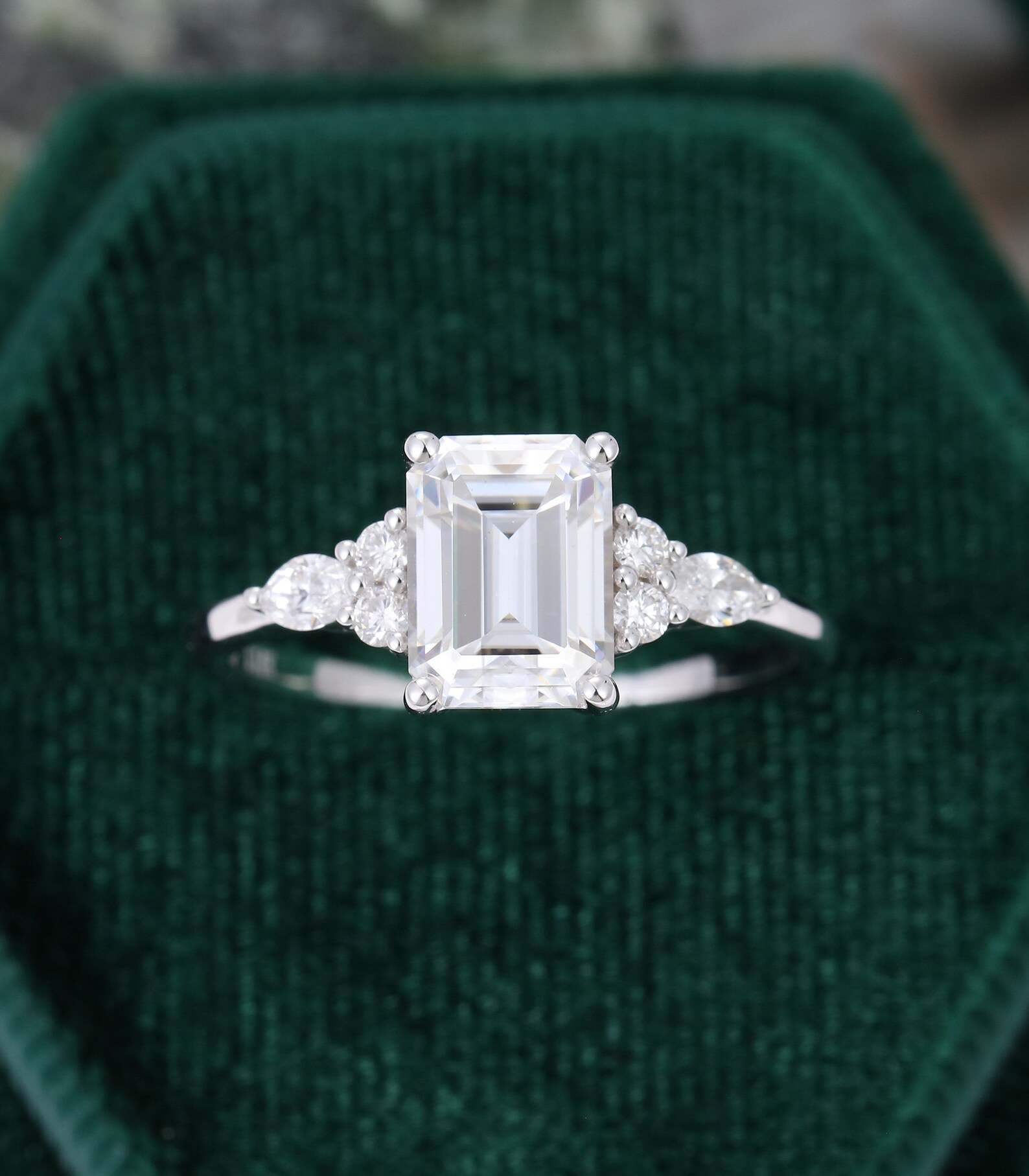 Emerald Cut Moissanite Engagement Ring Vintage White Gold | Etsy