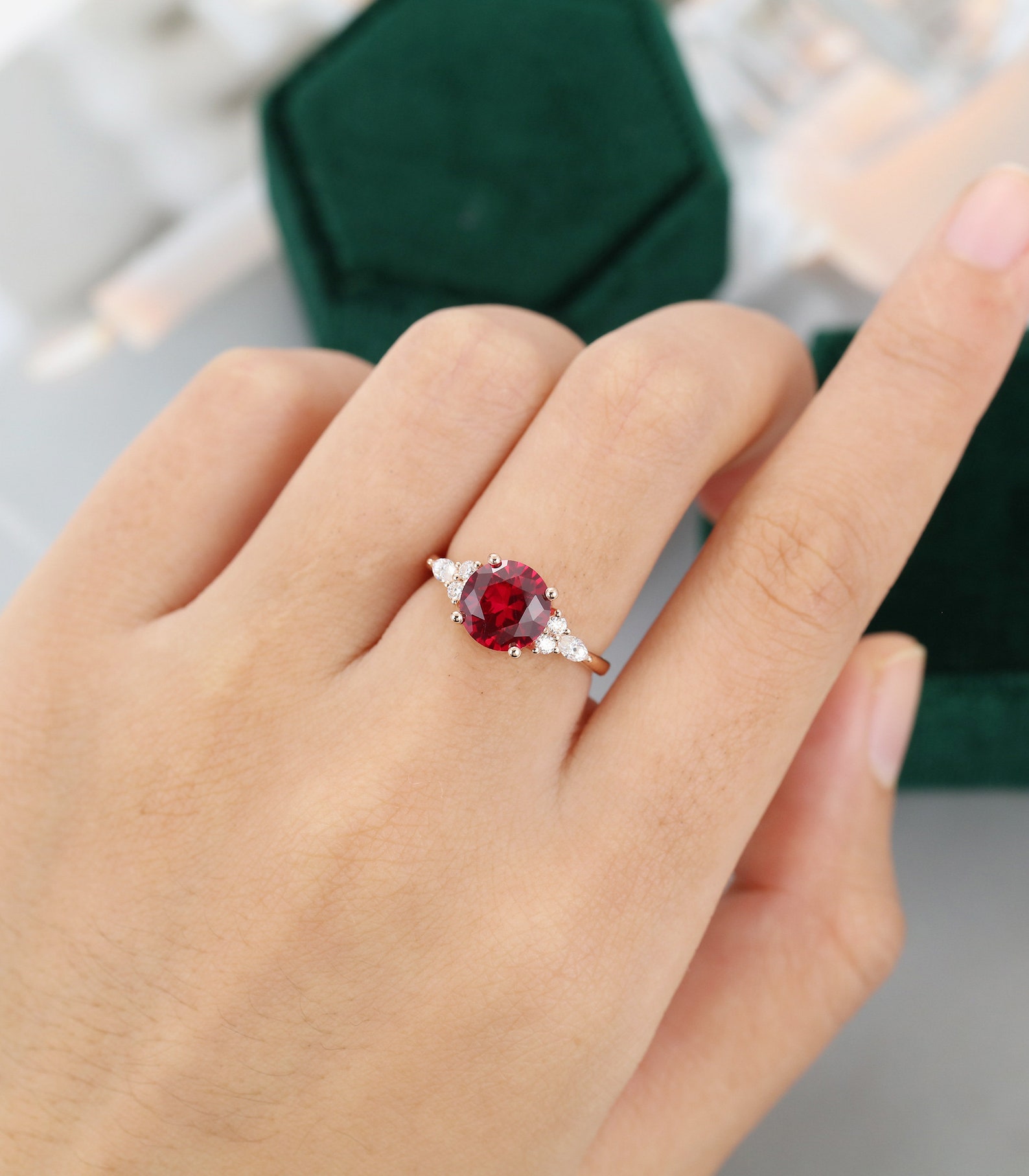 Lab Ruby Engagement Ring Rose Gold Unique Cluster Engagement - Etsy