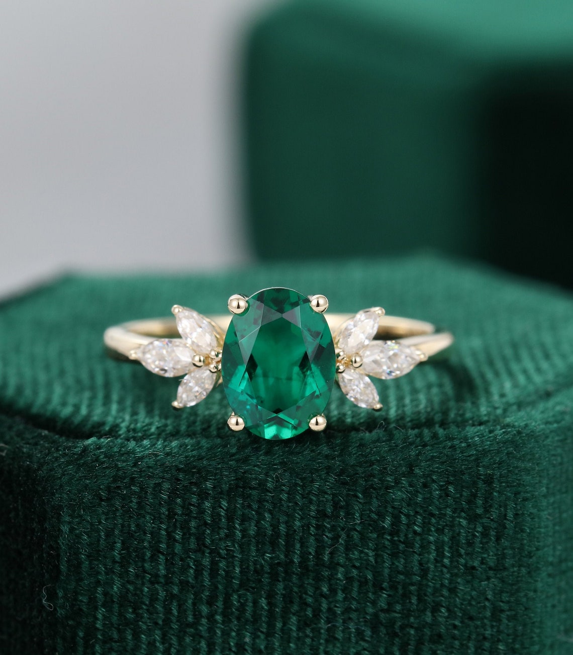 Oval Cut Emerald Engagement Ring Vintage Unique Marquise Cut - Etsy