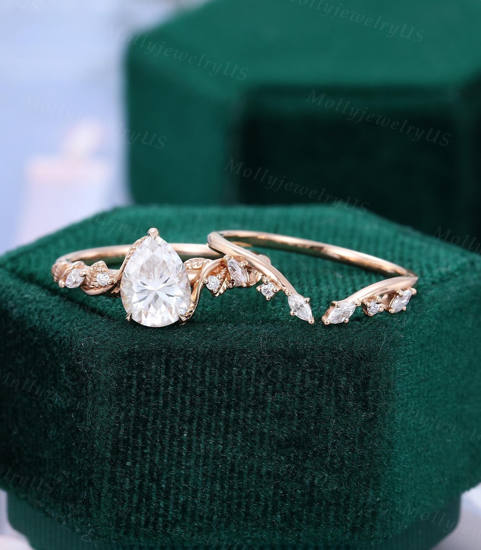 Pear Cut Moissanite Engagement Ring Set Vintage Rose Gold Bridal Set ...