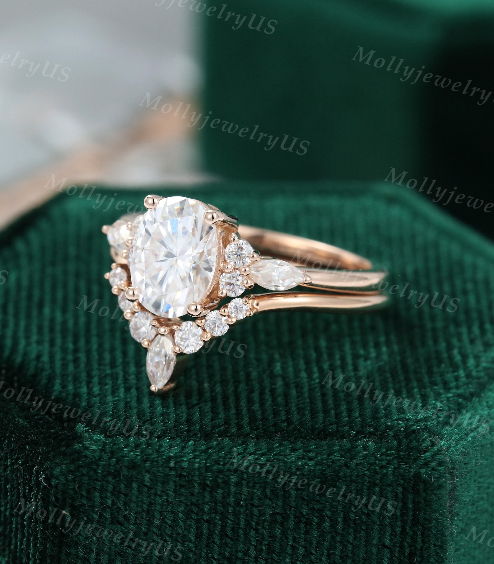 Oval Moissanite Engagement Ring Set Vintage Unique Rose Gold - Etsy