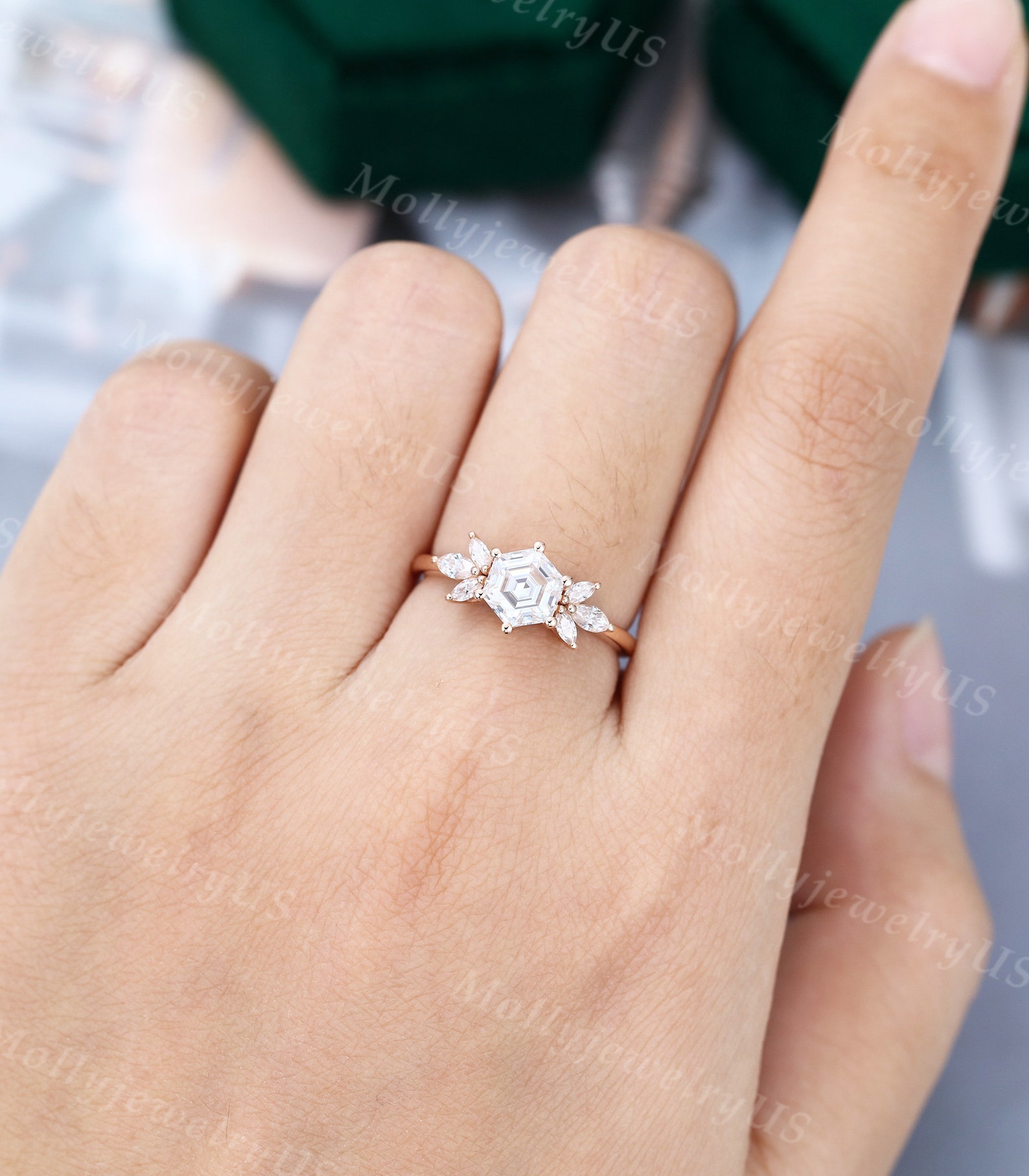 Hexagon Cut Moissanite Engagement Ring Rose Gold Vintage | Etsy
