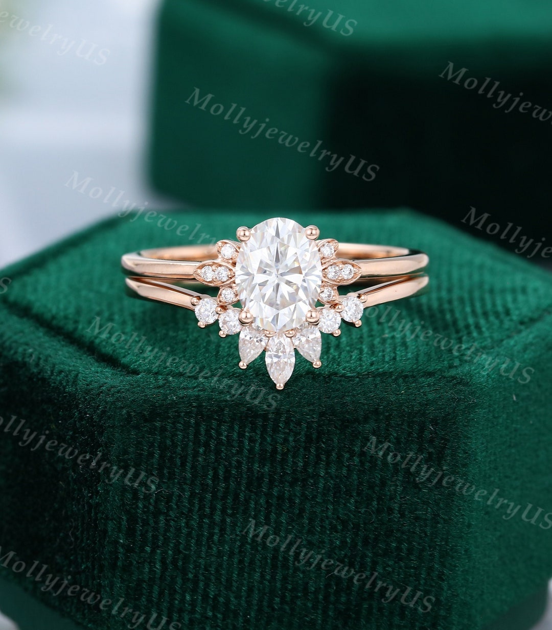 Oval Cut Moissanite Engagement Ring Set Vintage Rose Gold Unique ...