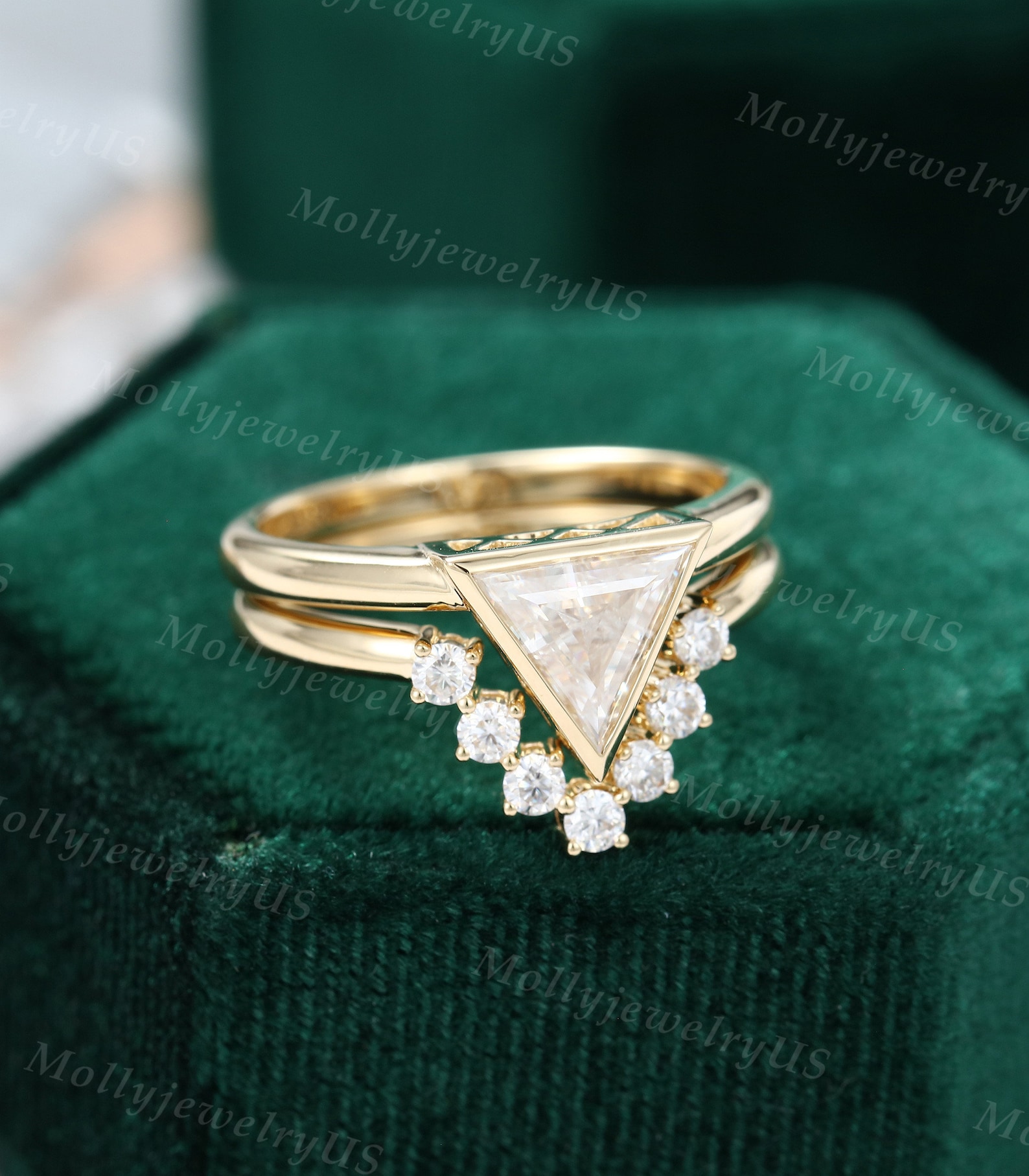 Unique Triangle Engagement Ring Set Simple Engagement Ring Yellow Gold ...
