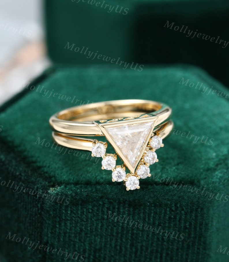 Unique Triangle Engagement Ring Set Simple Engagement Ring Yellow Gold ...
