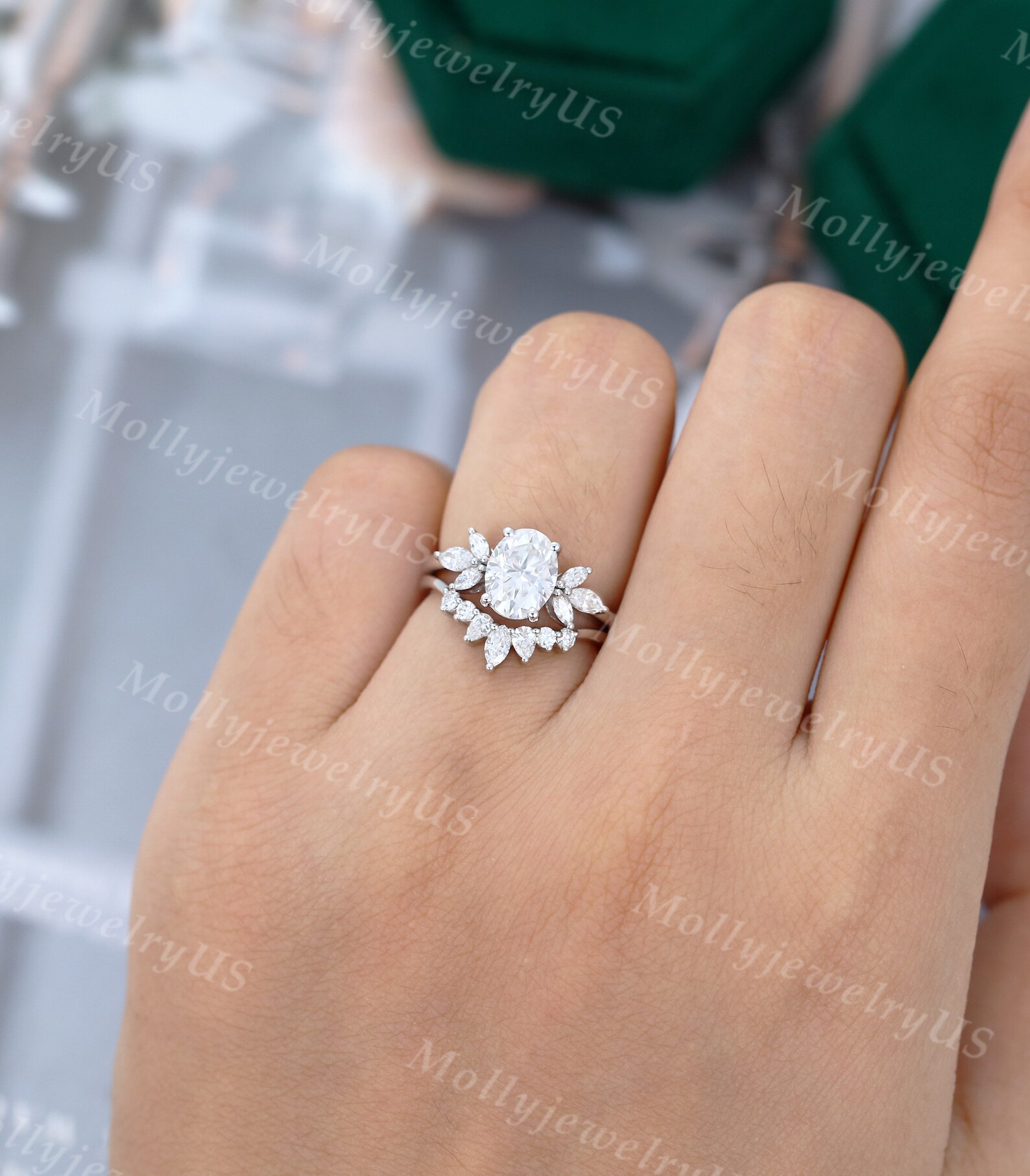 Oval Moissanite Engagement Ring Set Vintage Unique White Gold | Etsy