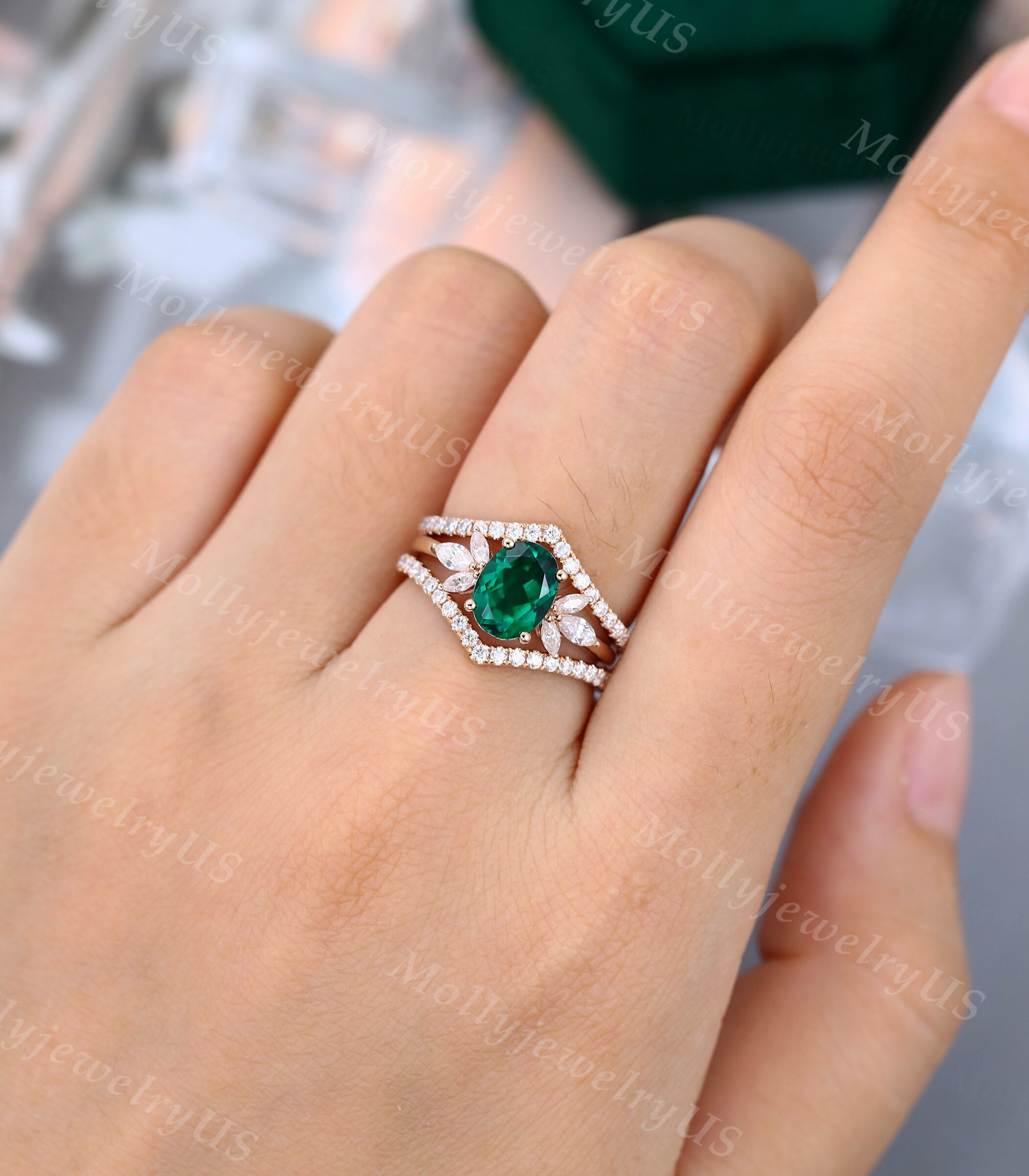 Oval Emerald Engagement Ring Set Vintage Unique Marquise Cut | Etsy