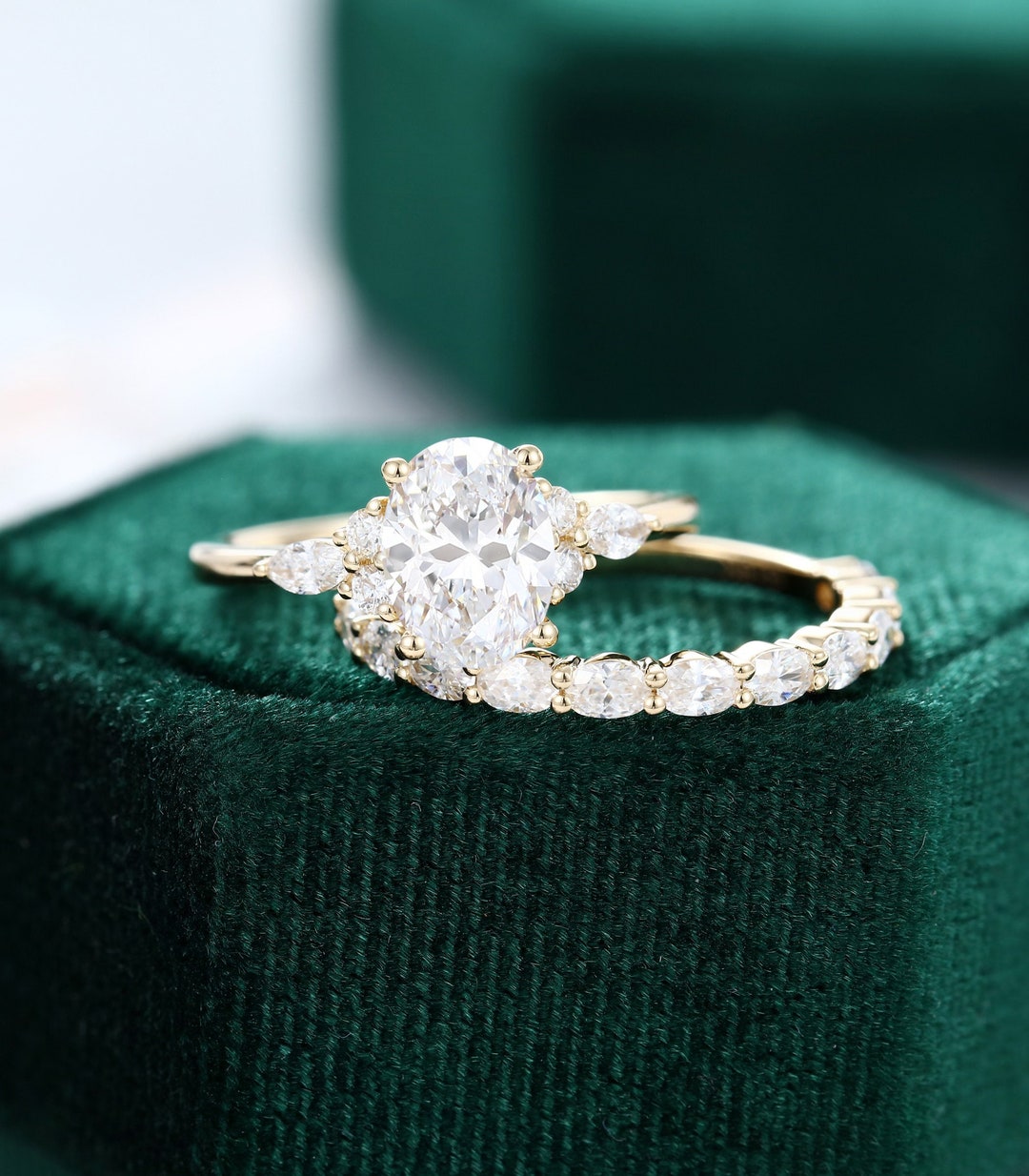 Oval Lab Diamond Engagement Ring Set Vintage Yellow Gold Moissanite Ring Set Marquise Cut ...