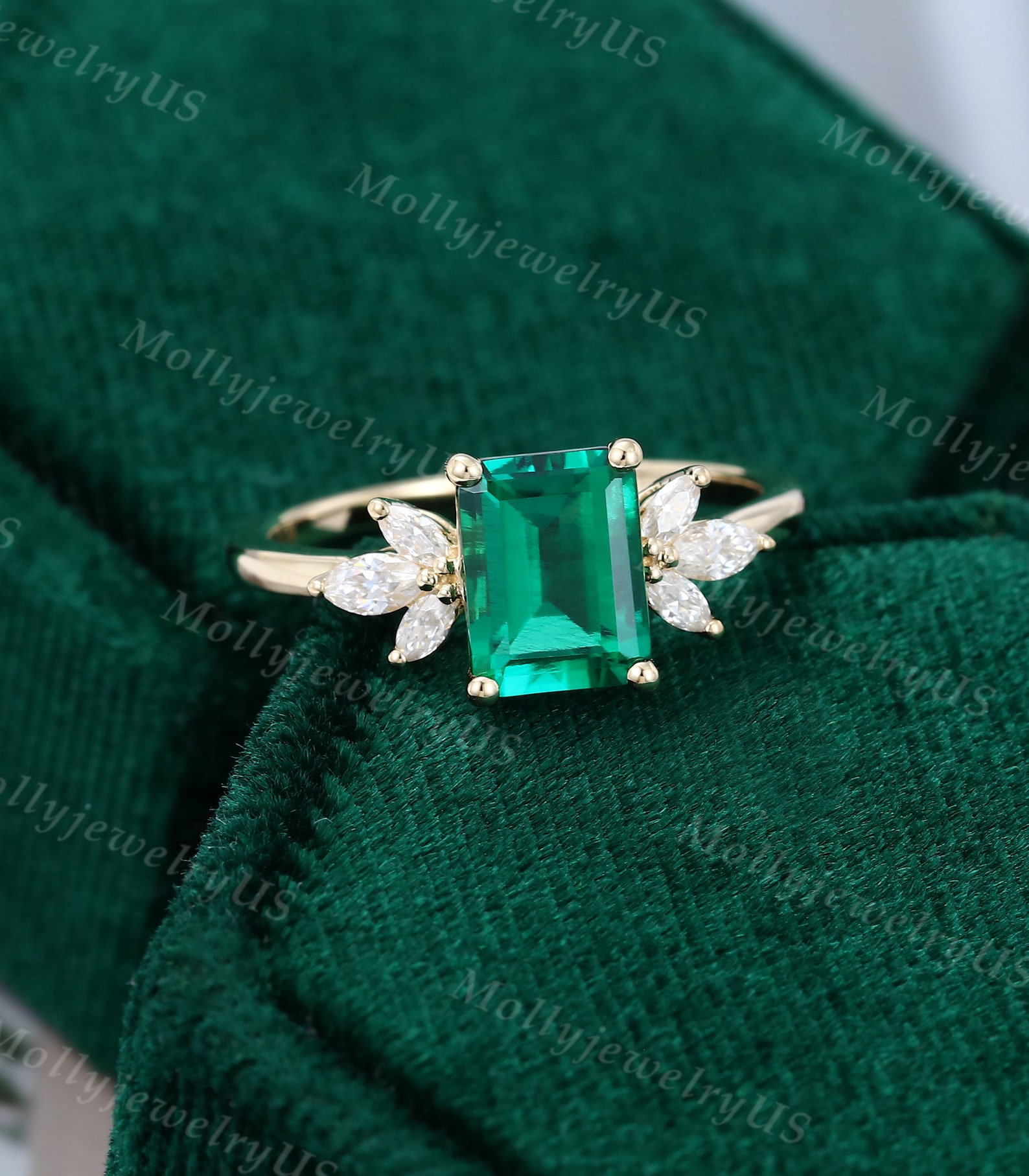 Lab Emerald Engagement Ring Vintage Unique Marquise Cut Diamond Cluster ...