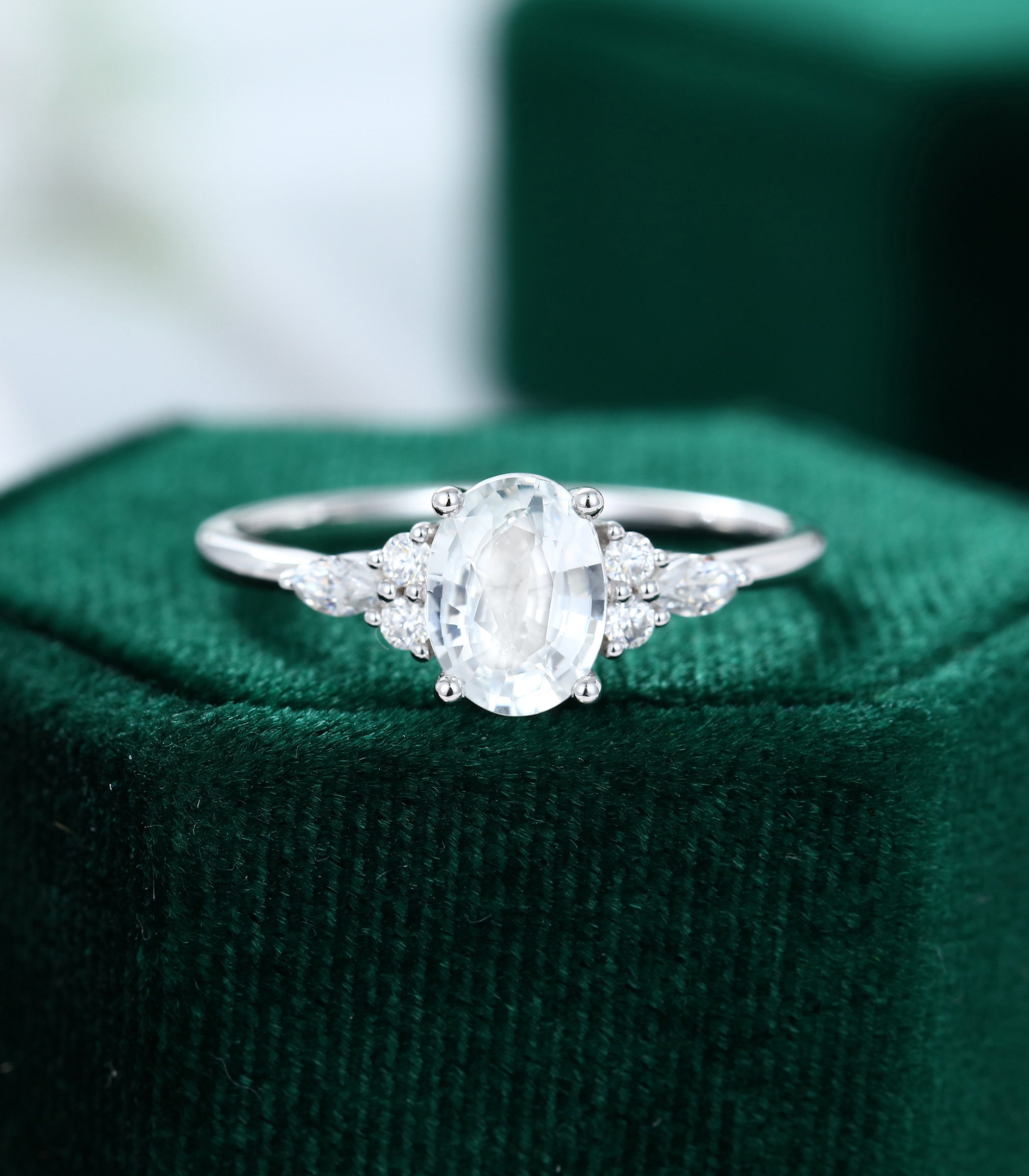 White Sapphire Engagement Ring Vintage Oval Cut Unique - Etsy