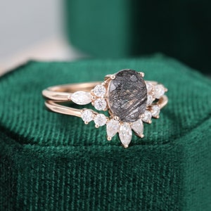 Oval Black Rutilated Quartz Engagement Ring Set Rose Gold - Etsy