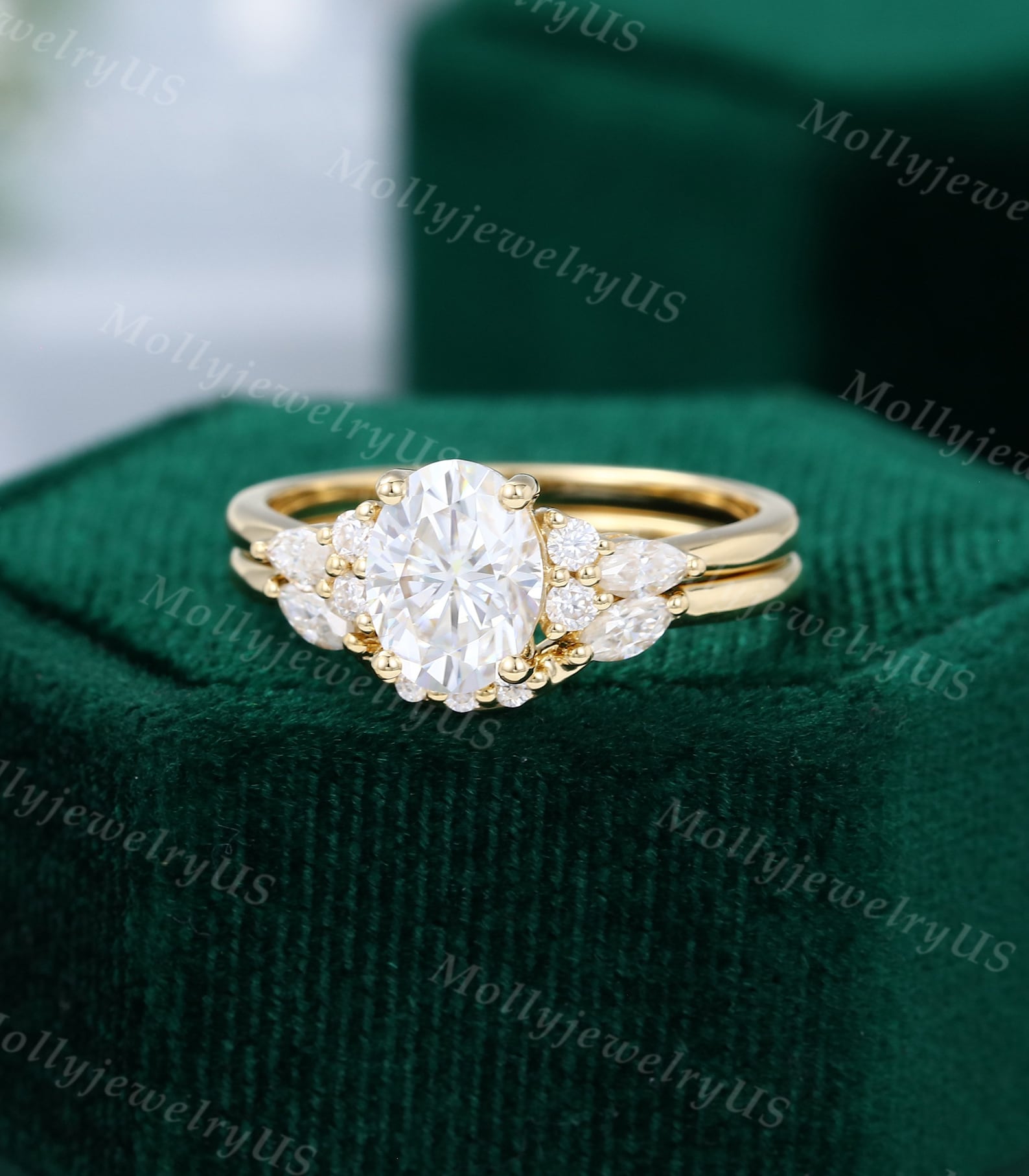 Oval Cut Moissanite Engagement Ring Set Vintage Diamond Yellow Gold ...