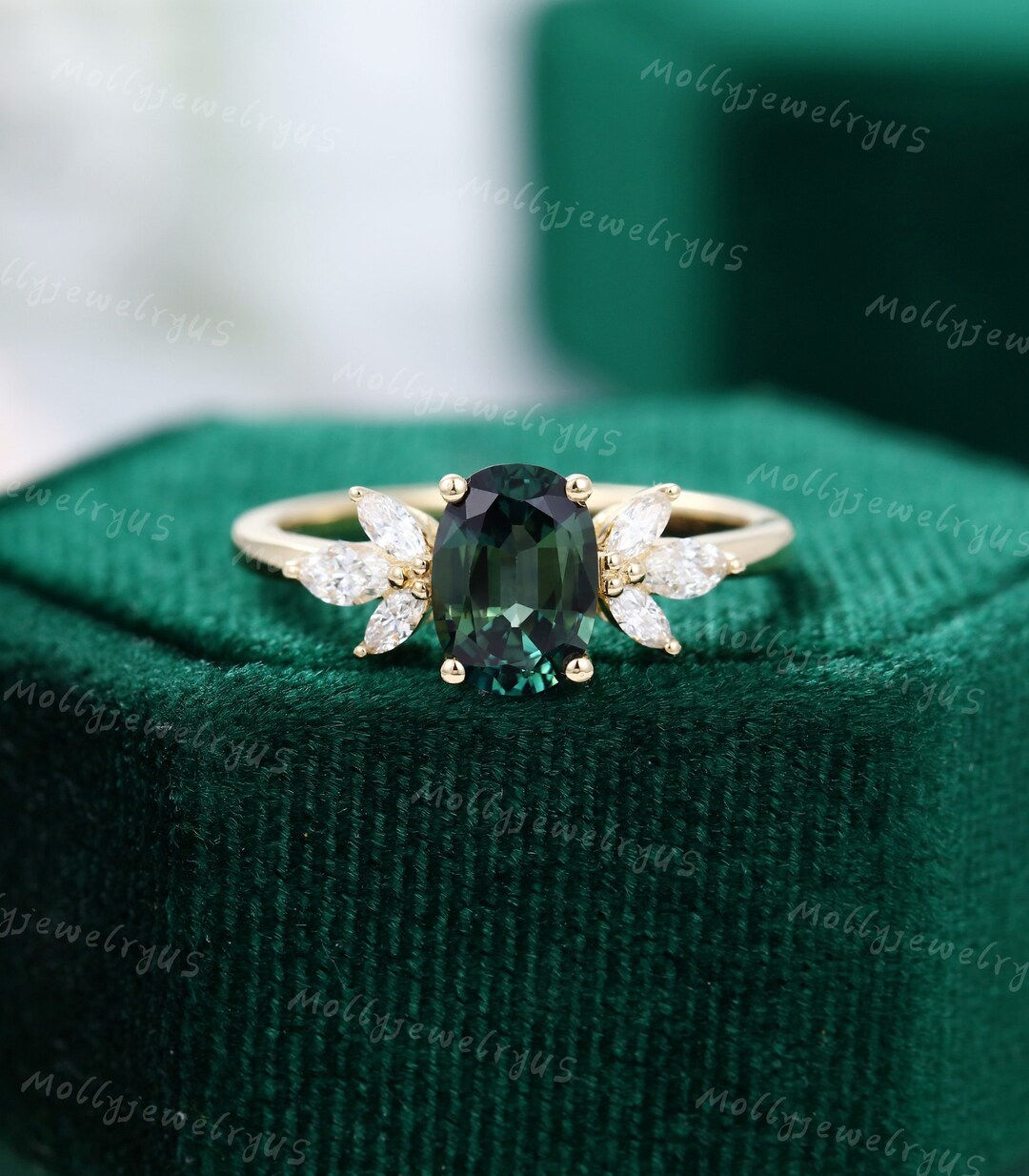 Oval Green Blue Sapphire Engagement Ring Vintage Unique Marquise Cut ...