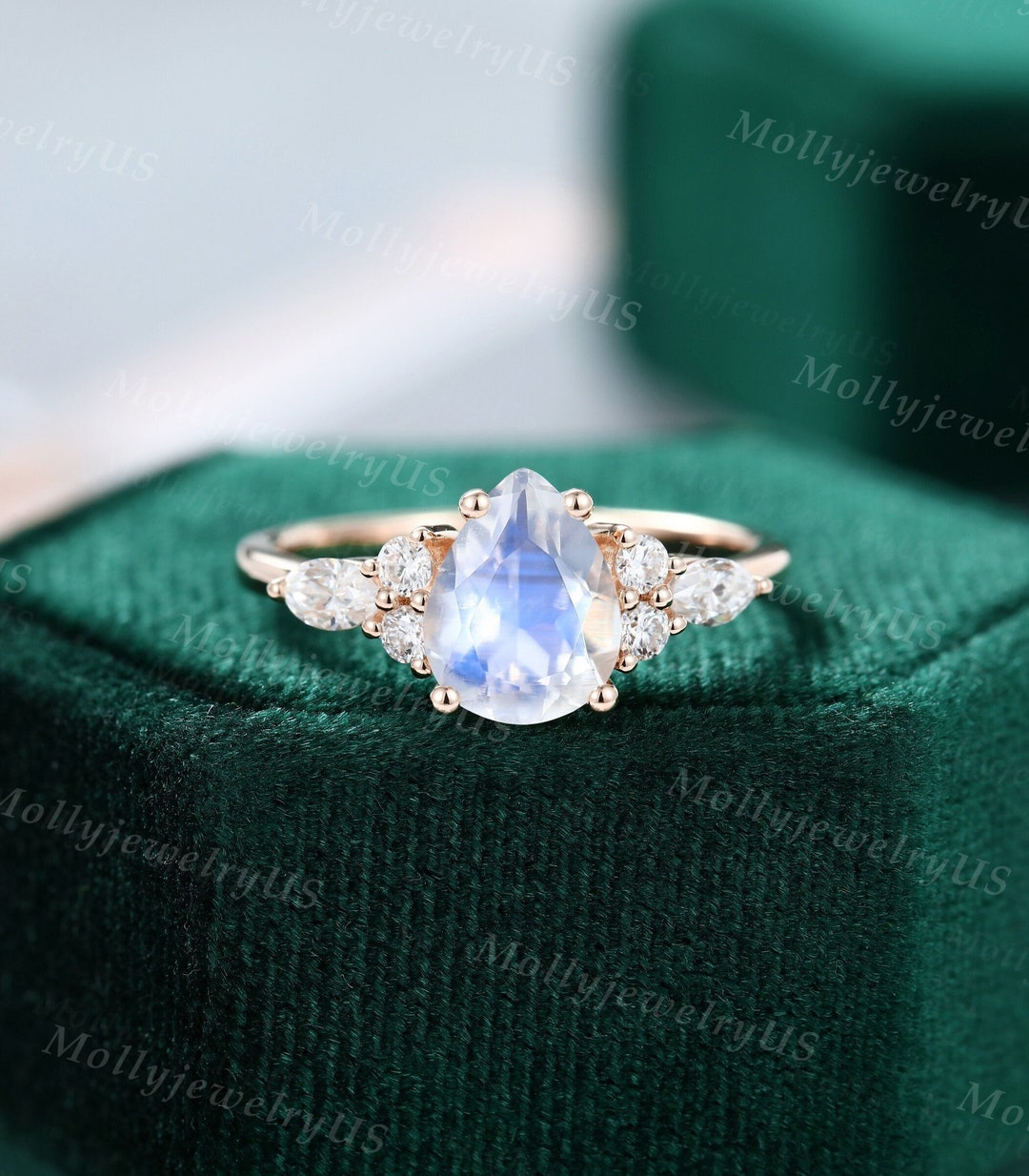 Pear Shaped Moonstone Engagement Ring Rose Gold Unique Cluster ...