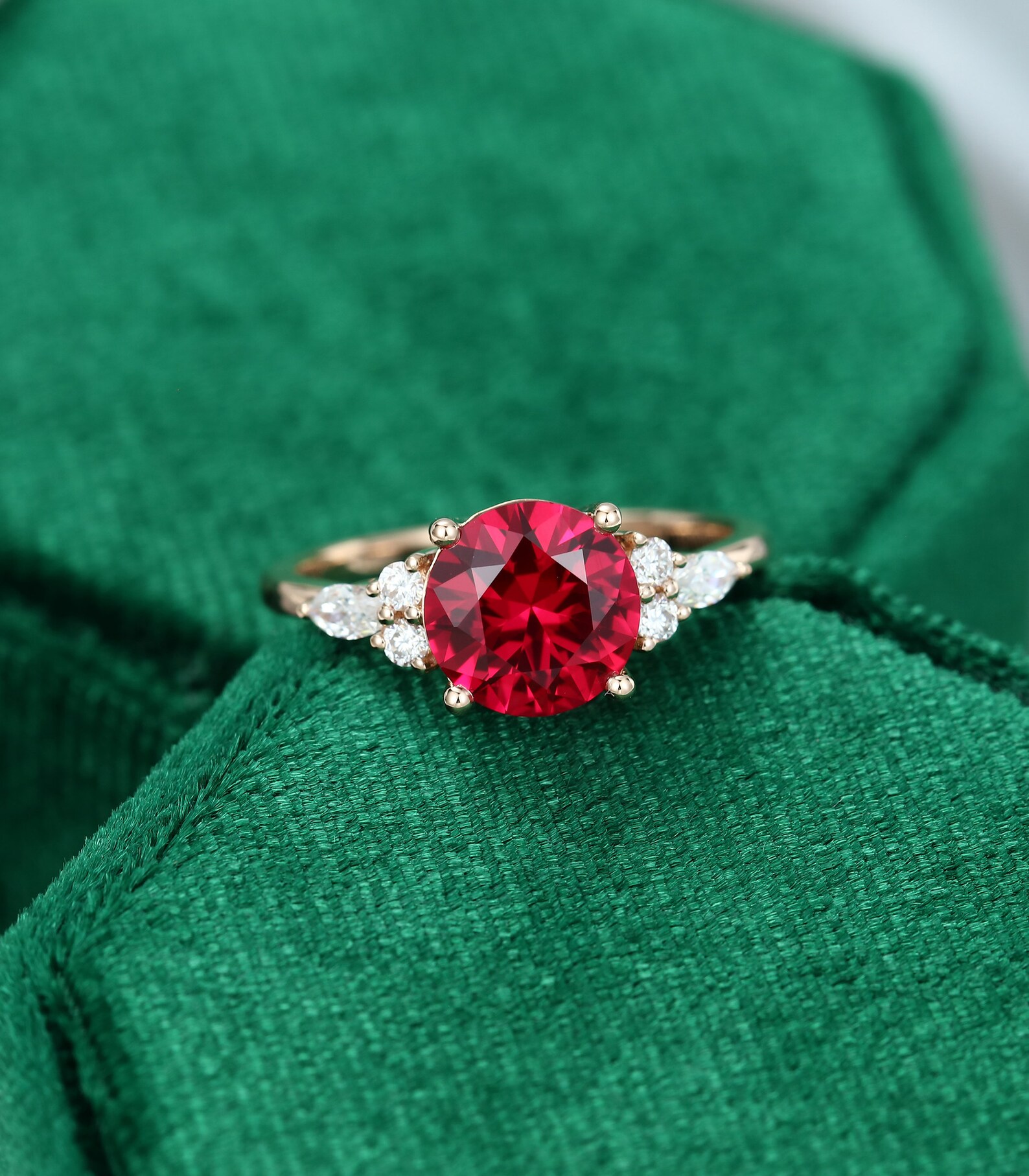 Lab Ruby Engagement Ring Rose Gold Unique Cluster Engagement | Etsy