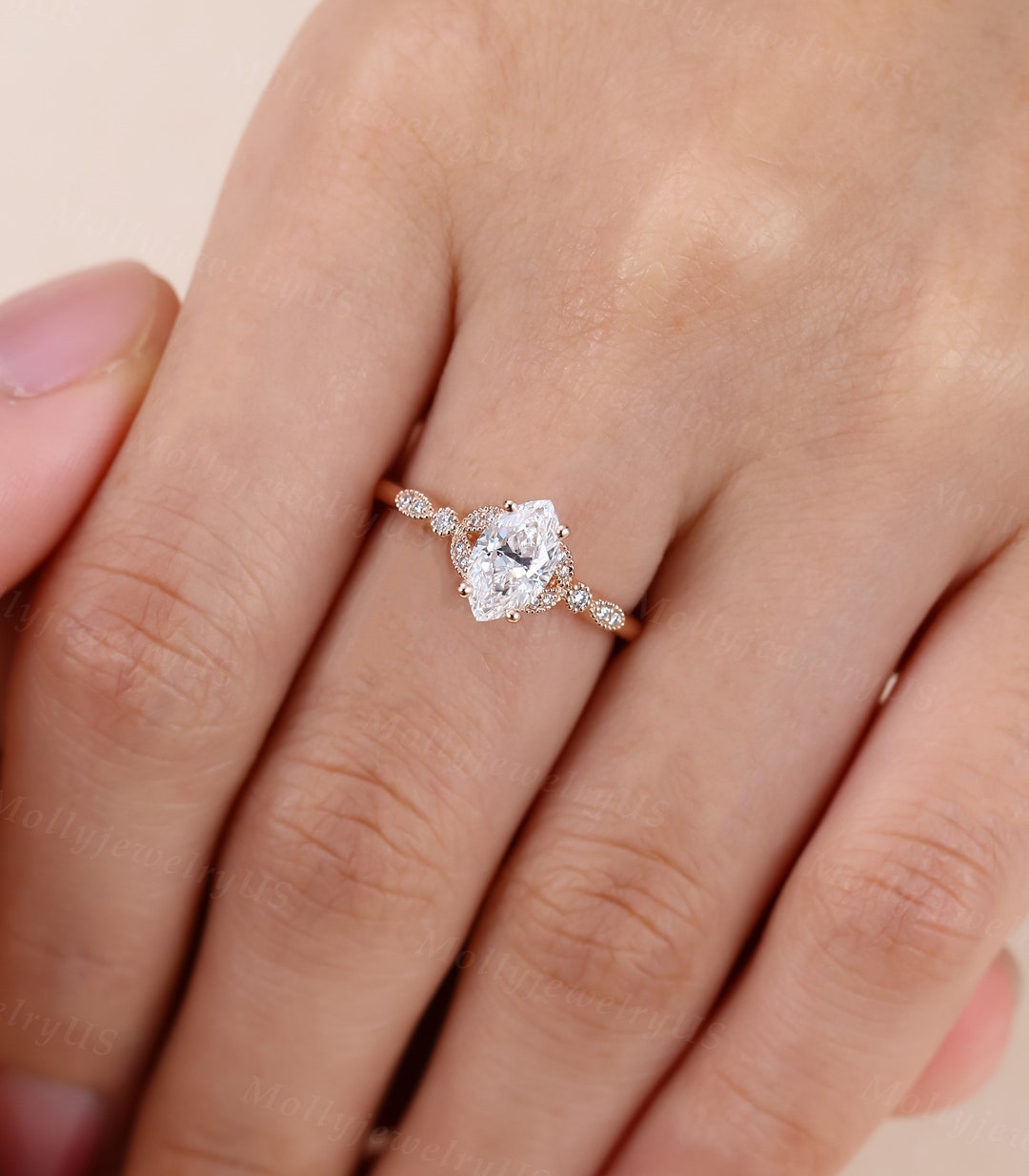 1 CT Marquise Cut IGI Certified Lab Grown Diamond Ring Unique Rose Gold ...