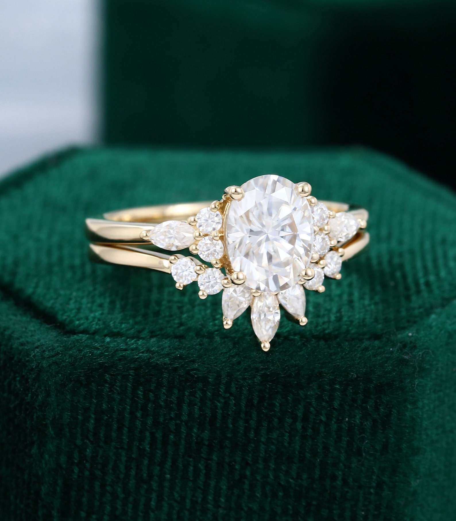 Oval Moissanite Engagement Ring Set Vintage Unique Yellow Gold - Etsy